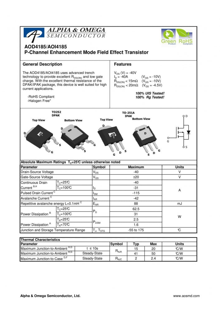AOD4185 datasheet page 1