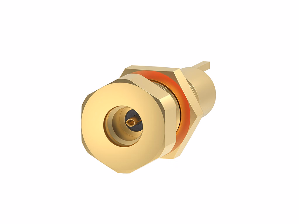 MMCX Jack, Straight, PCB Receptacle, Through Hole, Brass Body, Gold (Au) Plated, 1 PC Leg, 1.00mm Leg Length, Tray, 50 Ohms