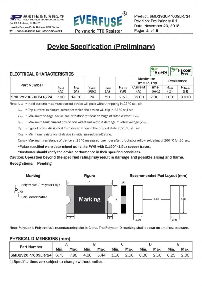 SMD2920P700SLR/24 technical document page 1