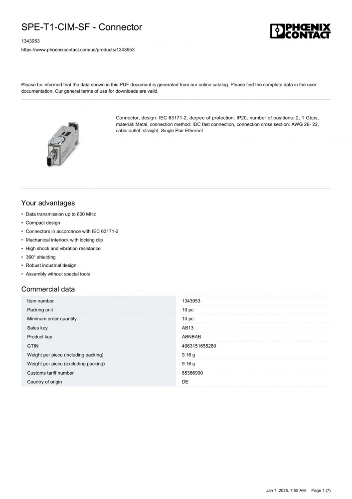 Phoenix Contact 1343953 technical document page 1