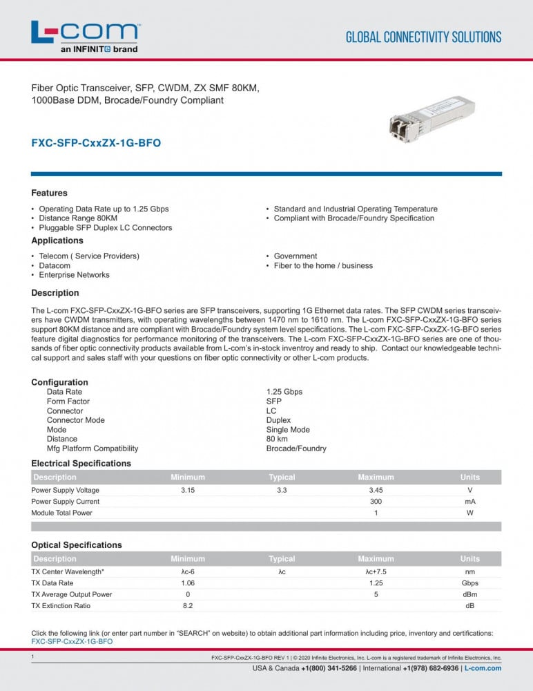 FXC-SFP-C49ZX-1G-BFO datasheet page 1