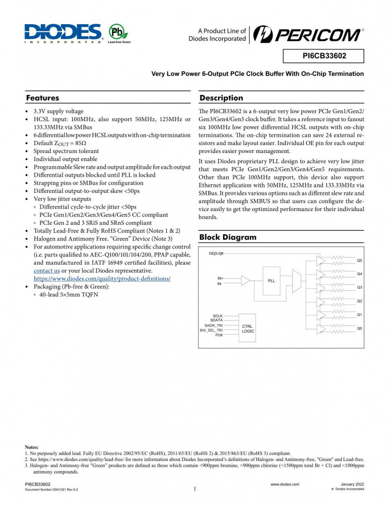 PI6CB33602 datasheet page 1