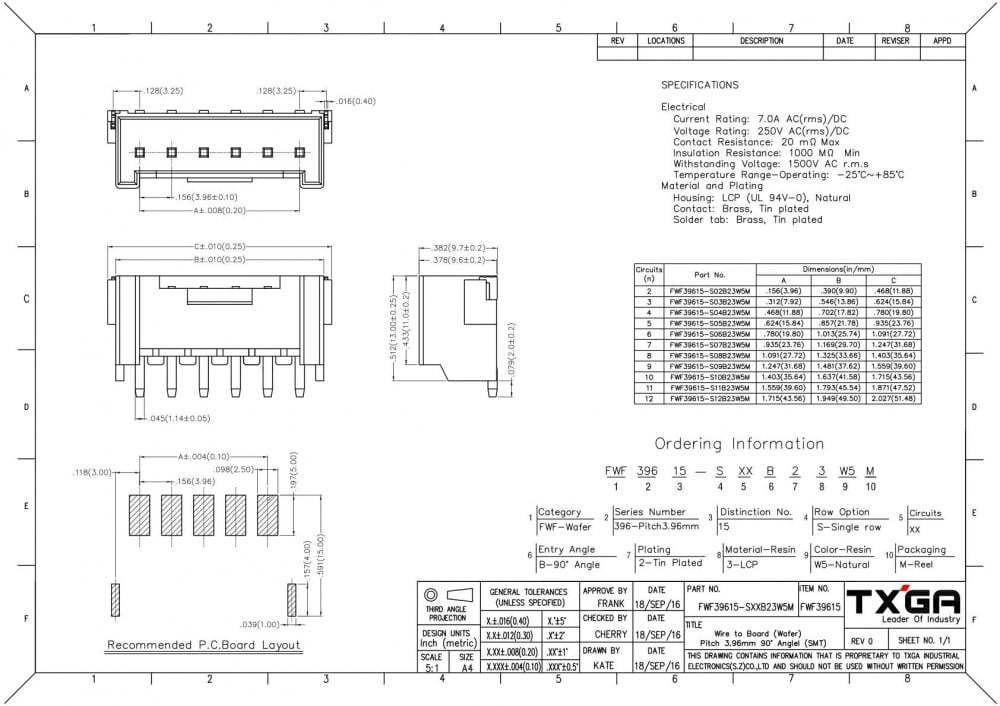 TXGA FWF39615 series technical drawing