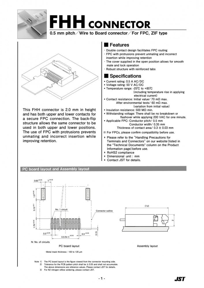 JST 10FHH-SM1-GAN-TF(LF)(SN) technical document page 1