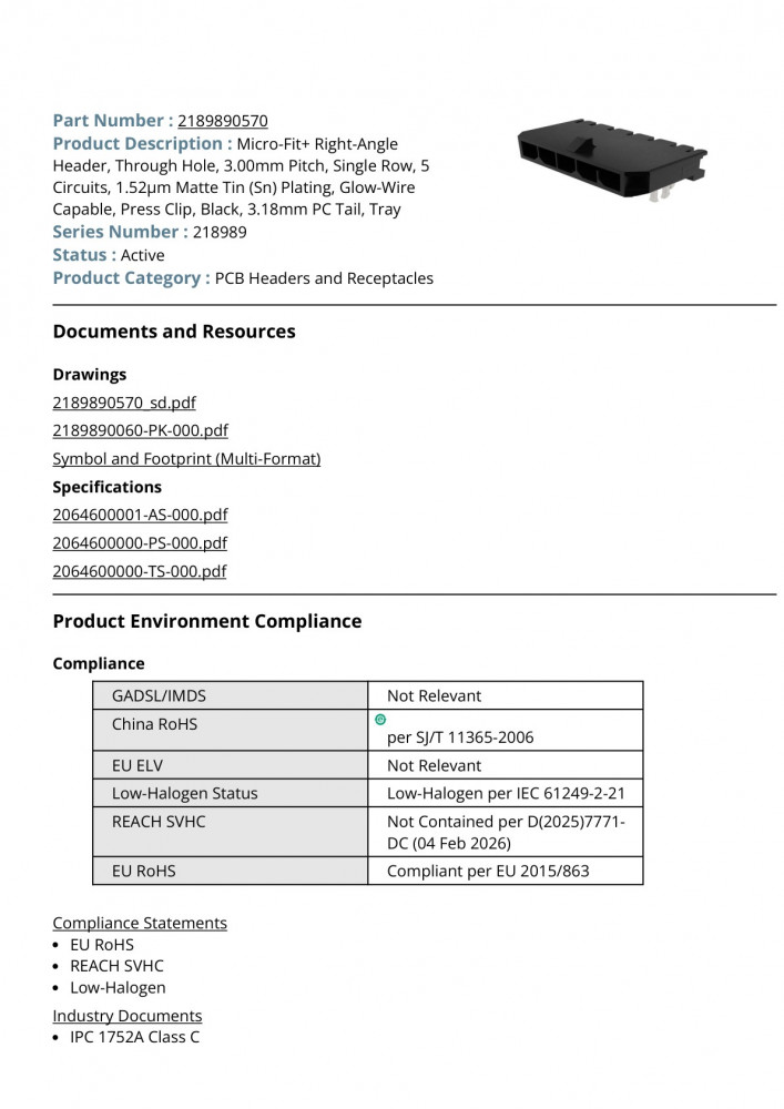 Technical document preview for MOLEX 2189890570, page 1