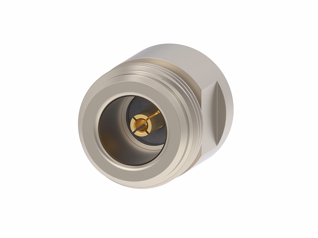 N Jack, Straight, Panel Mount, Threaded, Candlestick Contact, 6.35mm Length, Brass Body, Nickel Plated, Tray, 50 Ohms for sale