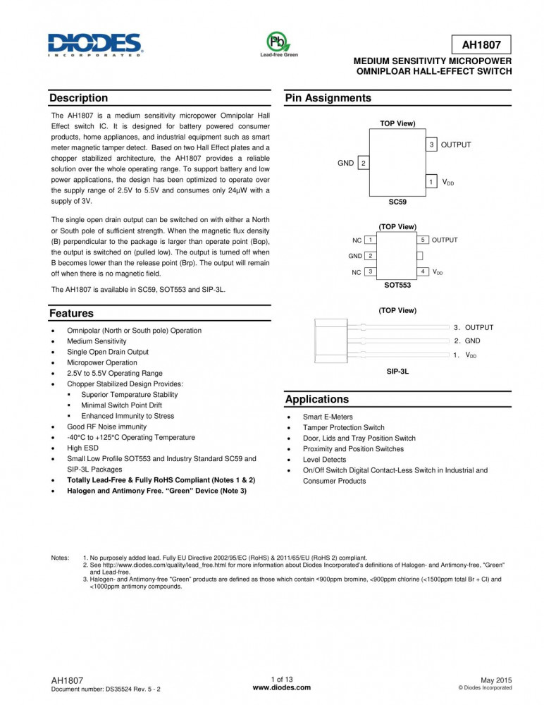 AH1807 datasheet page 1