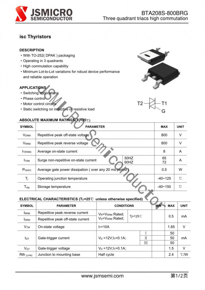 BTA208S-800BRG datasheet page 1