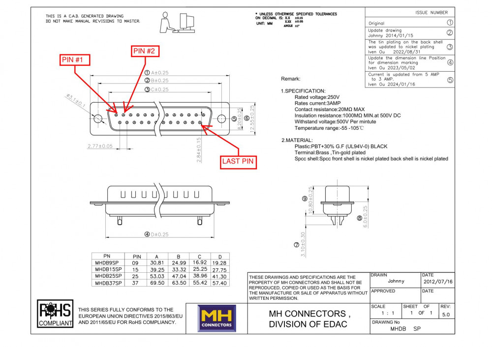MHDB25SP DB25 plug drawing