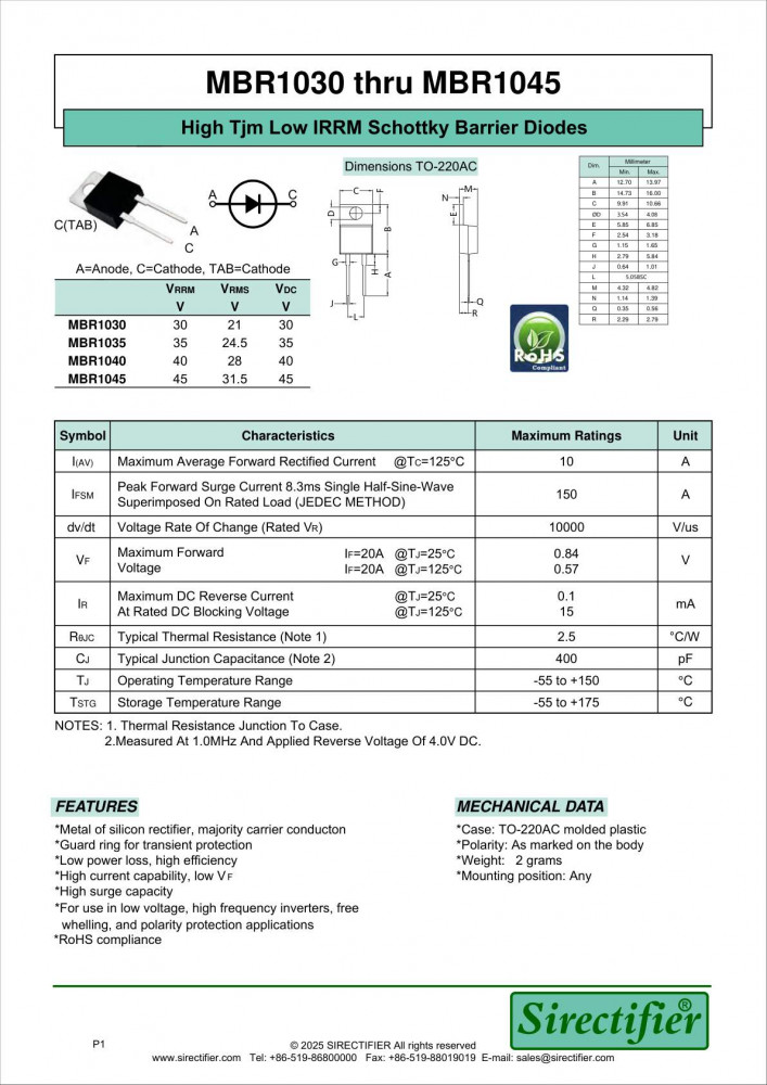 MBR1045 datasheet page 1
