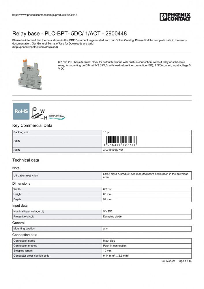 Phoenix Contact 2900448 technical document page 1