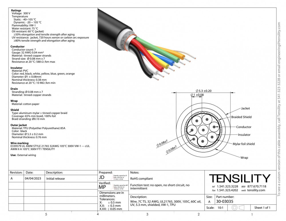 Tensility International 30-03035 cable product drawing