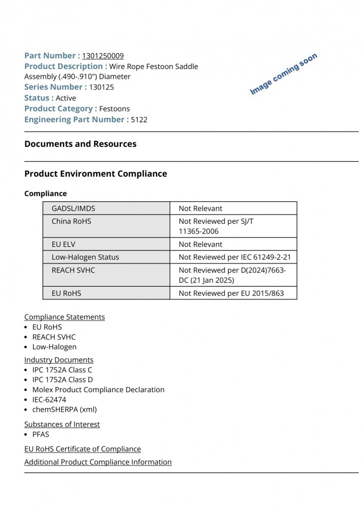 Product document image 1 for MOLEX 1301250009