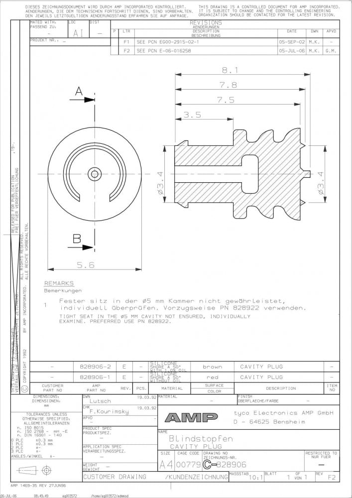 TE Connectivity AMP 828906 cavity plug controlled drawing