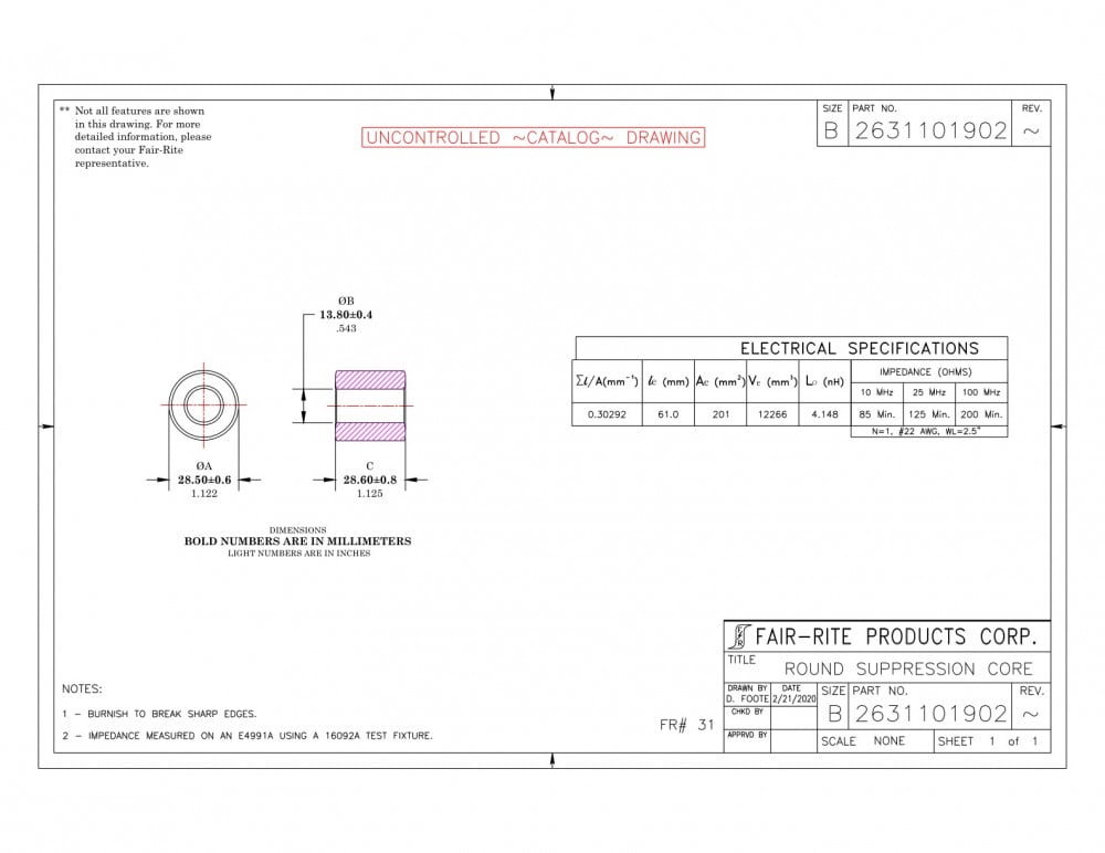 Fair-Rite 2631101902 technical document page