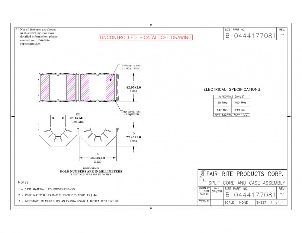 Fair-Rite 0444177081 split core and case assembly drawing