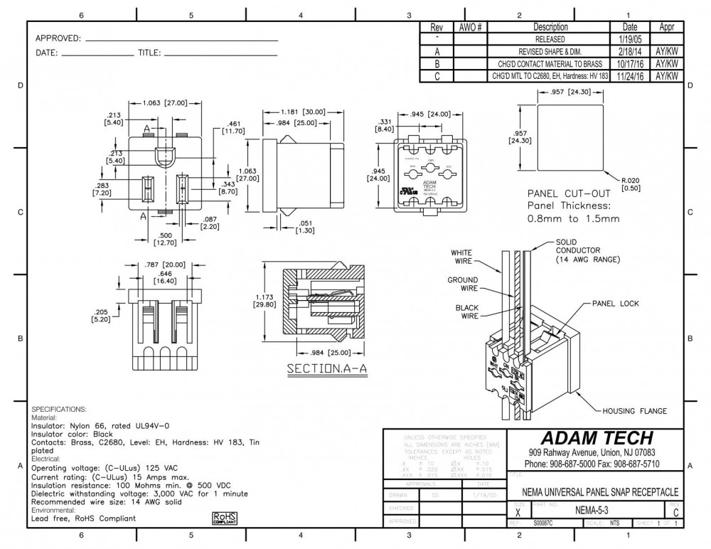 NEMA-5-3 universal panel snap receptacle technical drawing