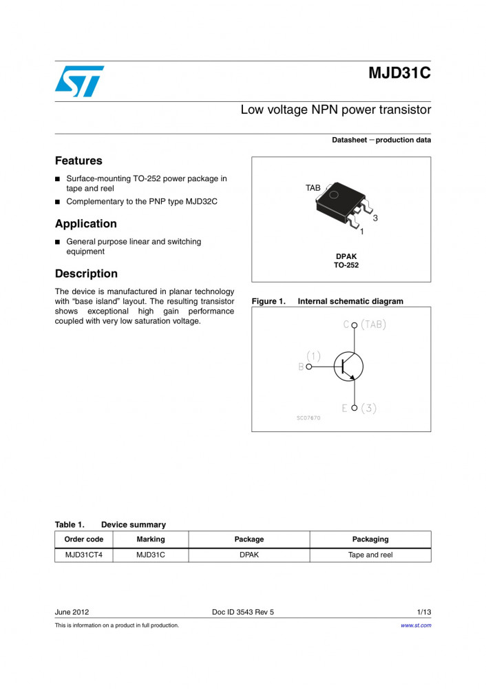 MJD31CT4 datasheet page 1
