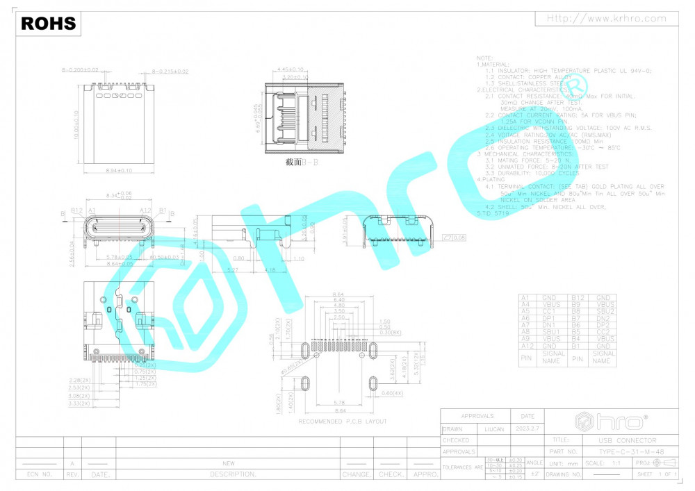 TYPE-C-31-M-48 USB connector technical drawing