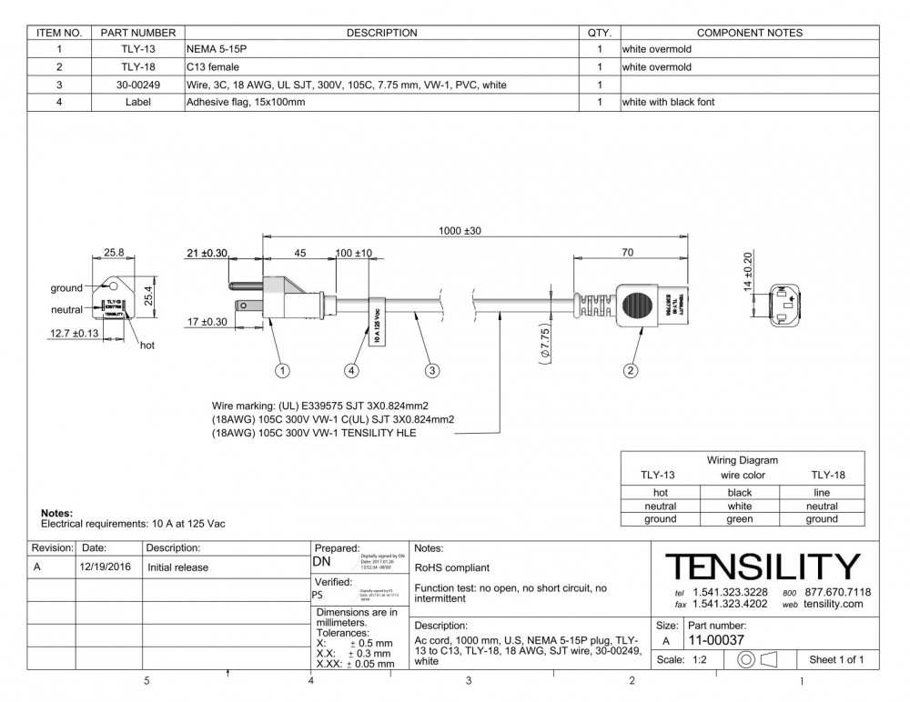 Tensility 11-00037 AC cord assembly drawing