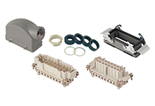 Heavy-Duty Connector Kit, 10 Pole, Series S-E Female-Male Inserts, Pg16 Metal Cable Gland, Pg16 Die-cast Aluminum Hood-Side Entry, Bulkhead Mount Housing-Vertical, 2 Lever, Size 10B «57x27», Grey for sale