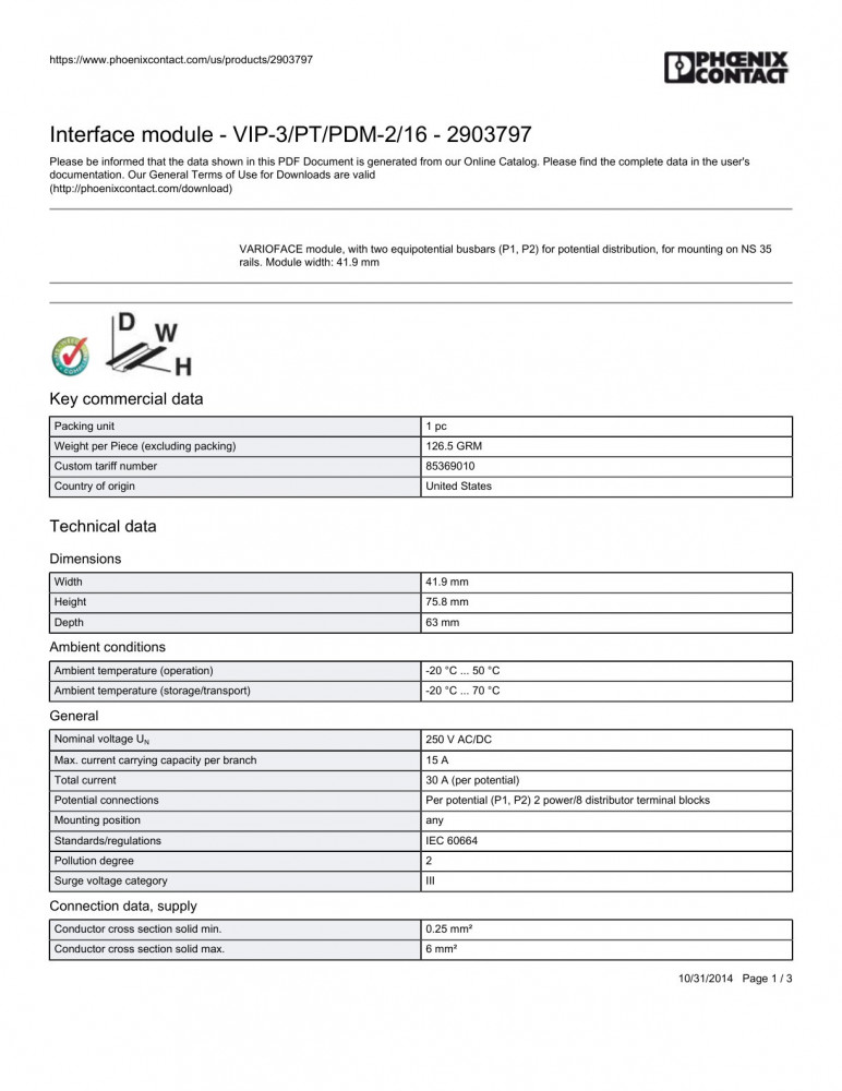 Phoenix Contact 2903797 technical document page 1