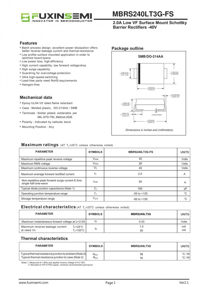 MBRS240LT3G-FS datasheet page 1