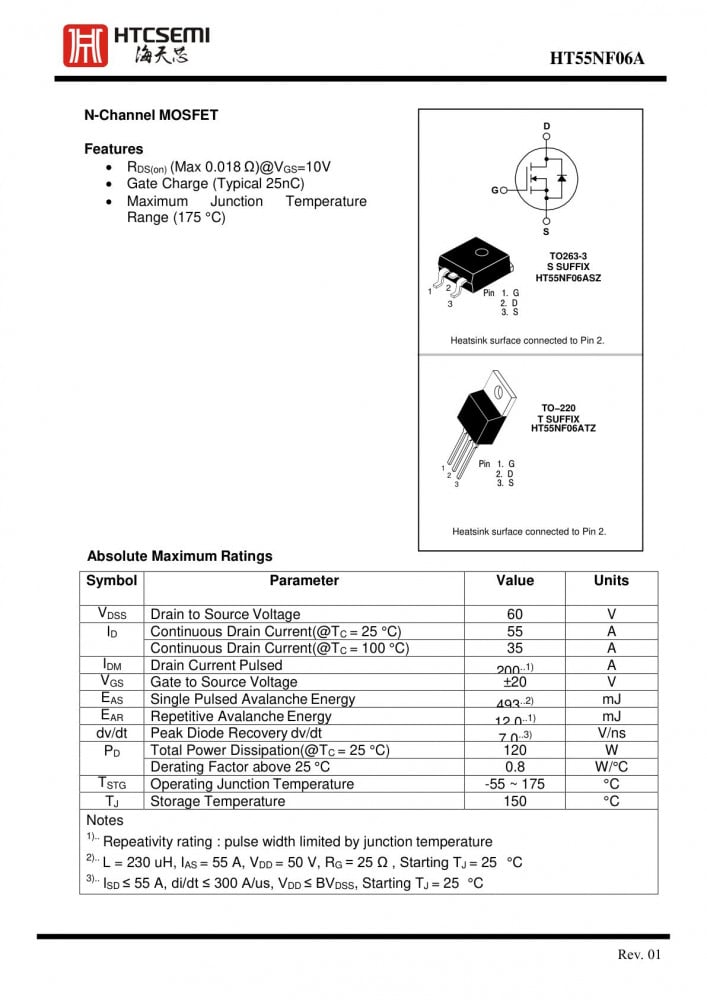 HT55NF06ASZ datasheet page 1