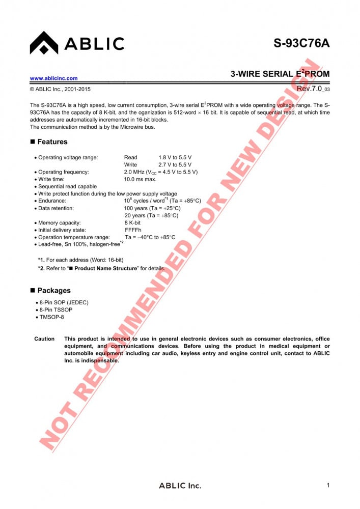 ABLIC S-93C76A datasheet page 1