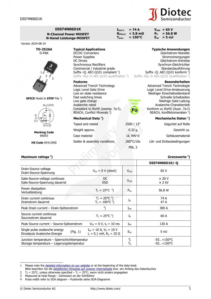 DIOTEC DI074N06D1K datasheet page 1