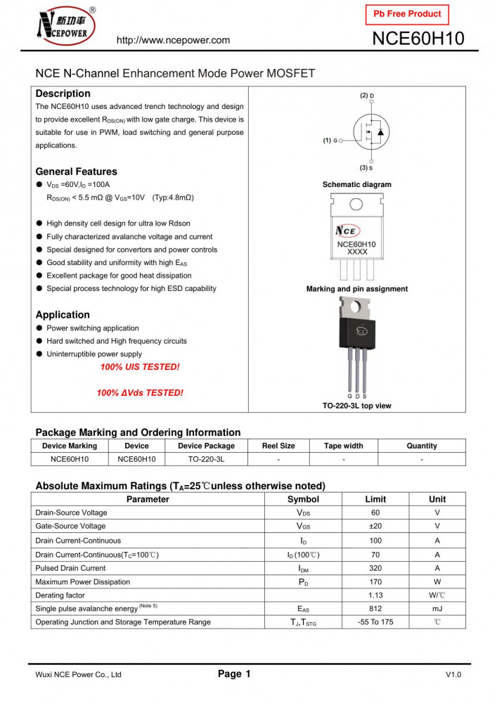 NCE60H10 datasheet page 1