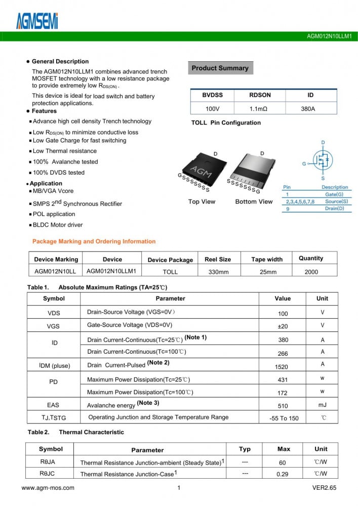 AGM012N10LLM1 datasheet page 1