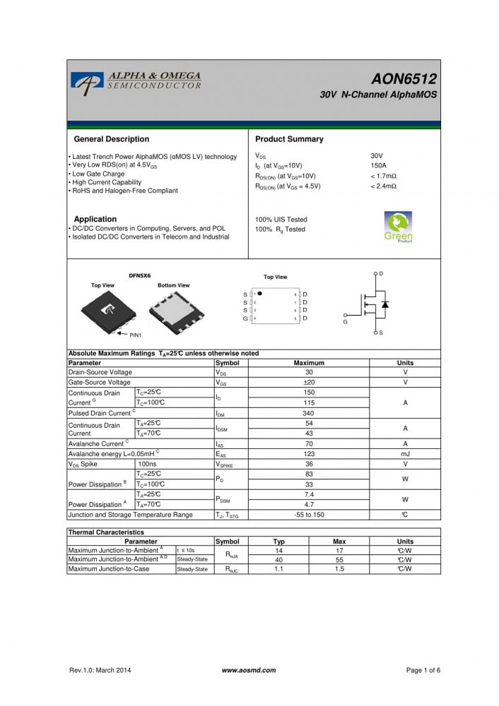 AON6512 datasheet page 1