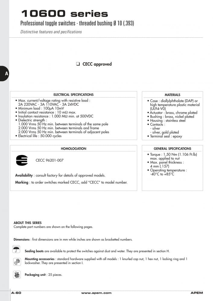 APEM 10600 series datasheet page 1