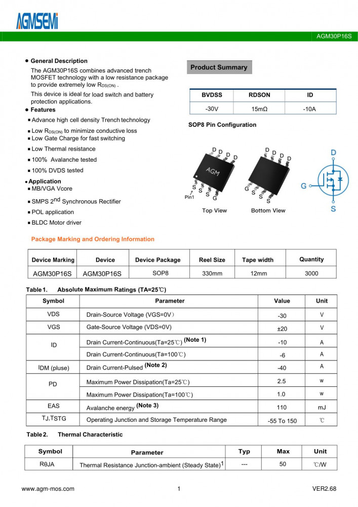 AGM30P16S datasheet page 1