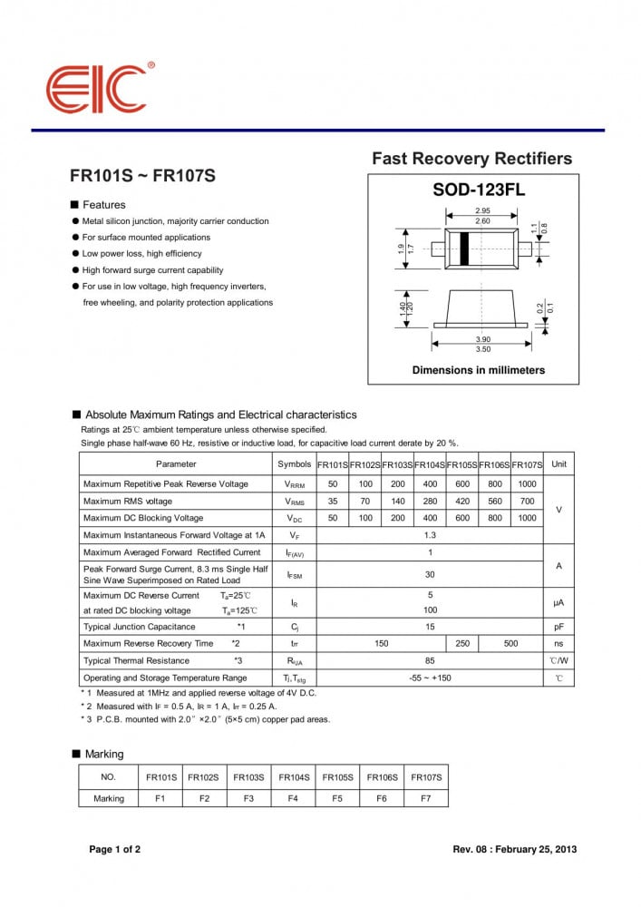 EIC FR101S to FR107S datasheet page 1