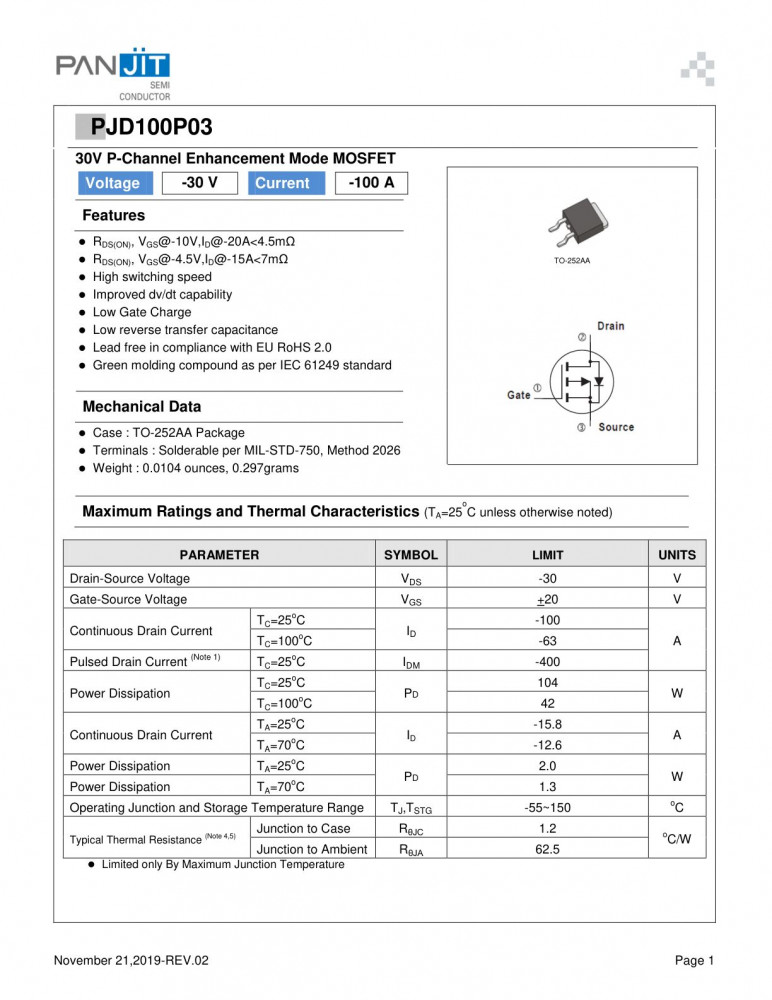 PJD100P03 datasheet page 1