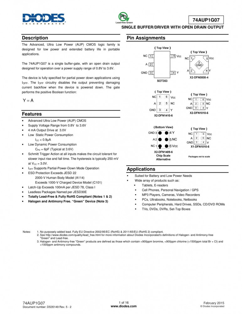 74AUP1G07FW4-7 datasheet page 1