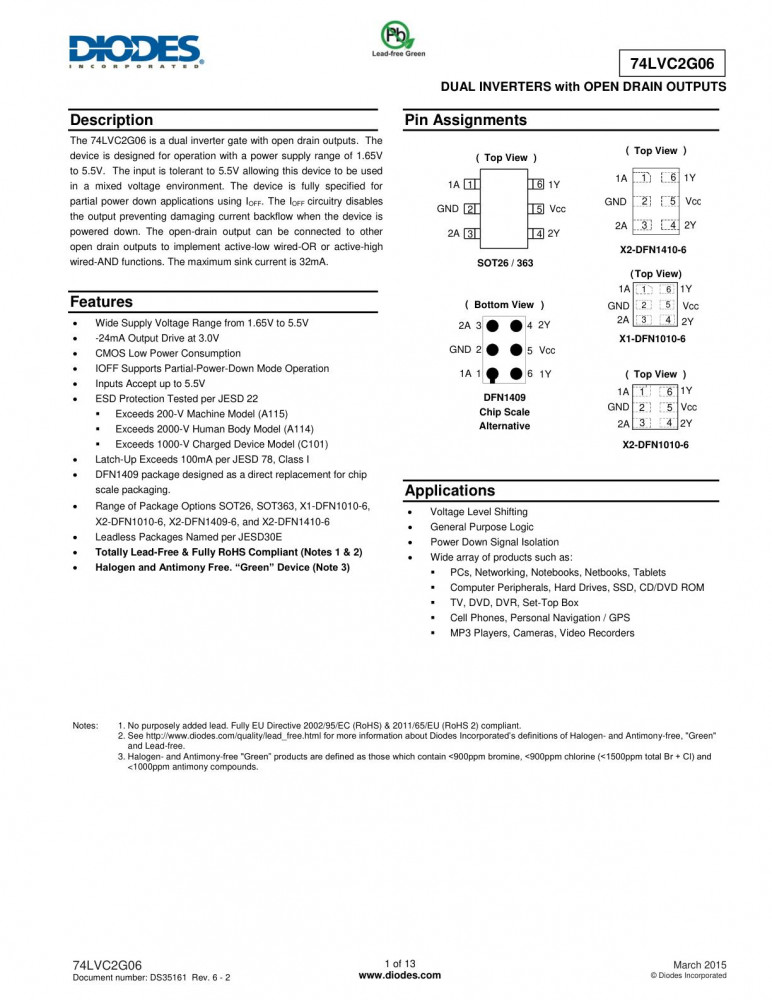 74LVC2G06FW4-7 datasheet page 1
