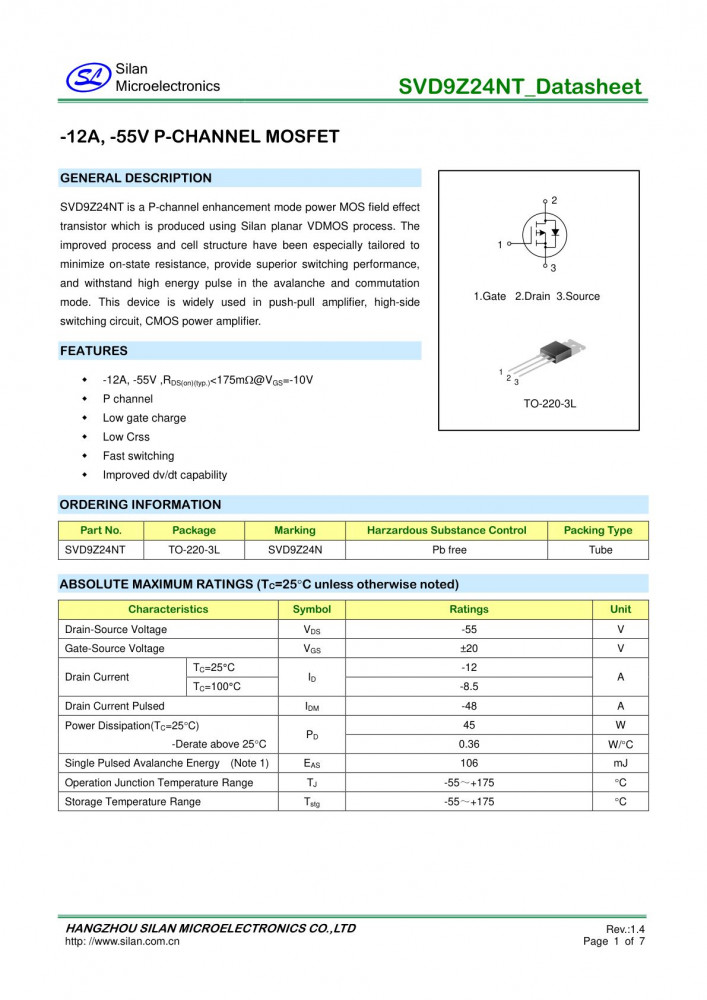 SVD9Z24NT datasheet page 1