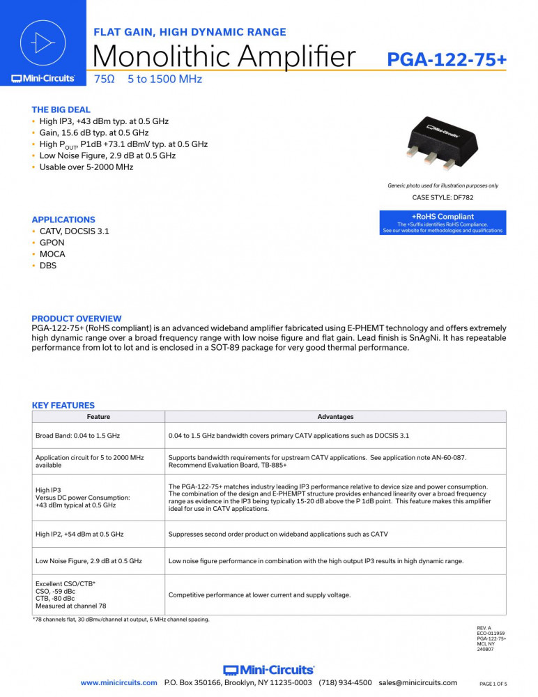 PGA-122-75+ technical document page 1