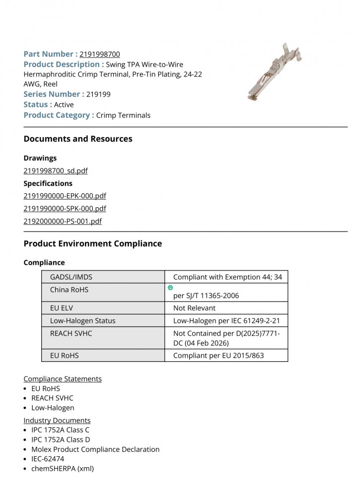 MOLEX 2191998700 technical document page 1