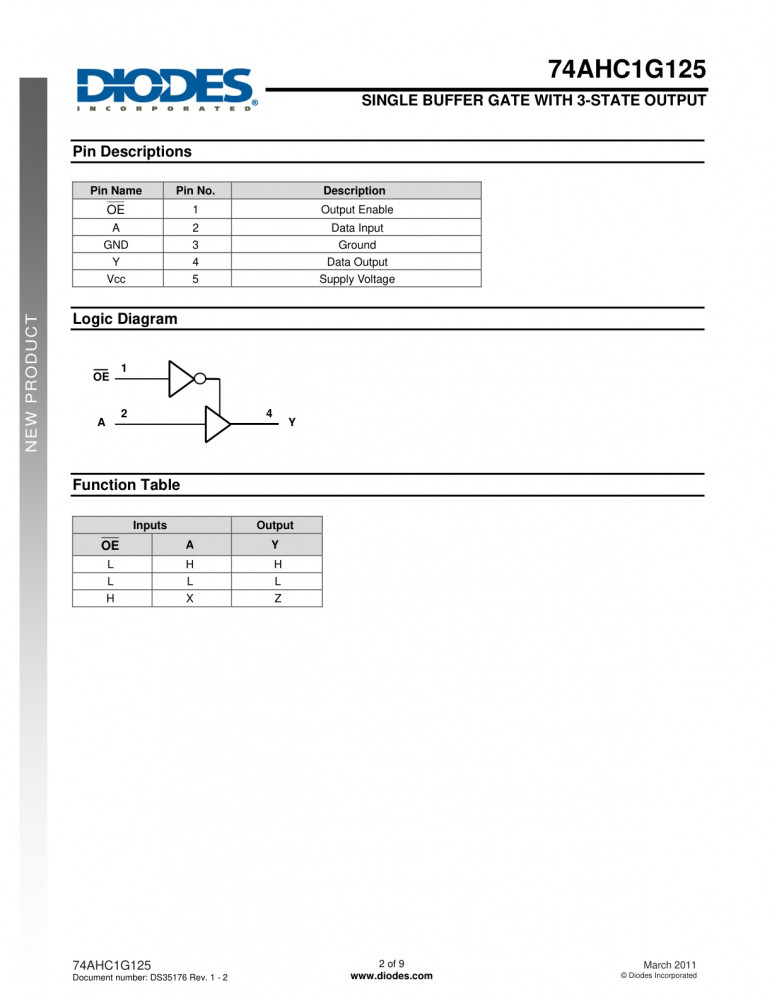 74AHC1G125SE-7 datasheet page 2