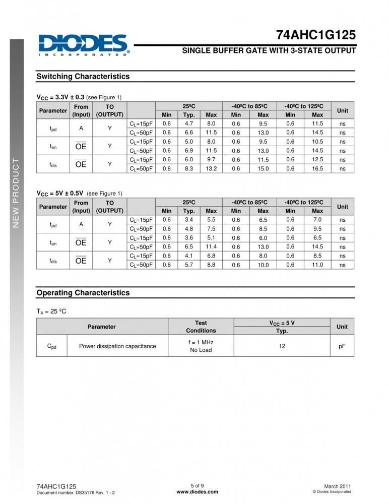 74AHC1G125SE-7 datasheet page 5