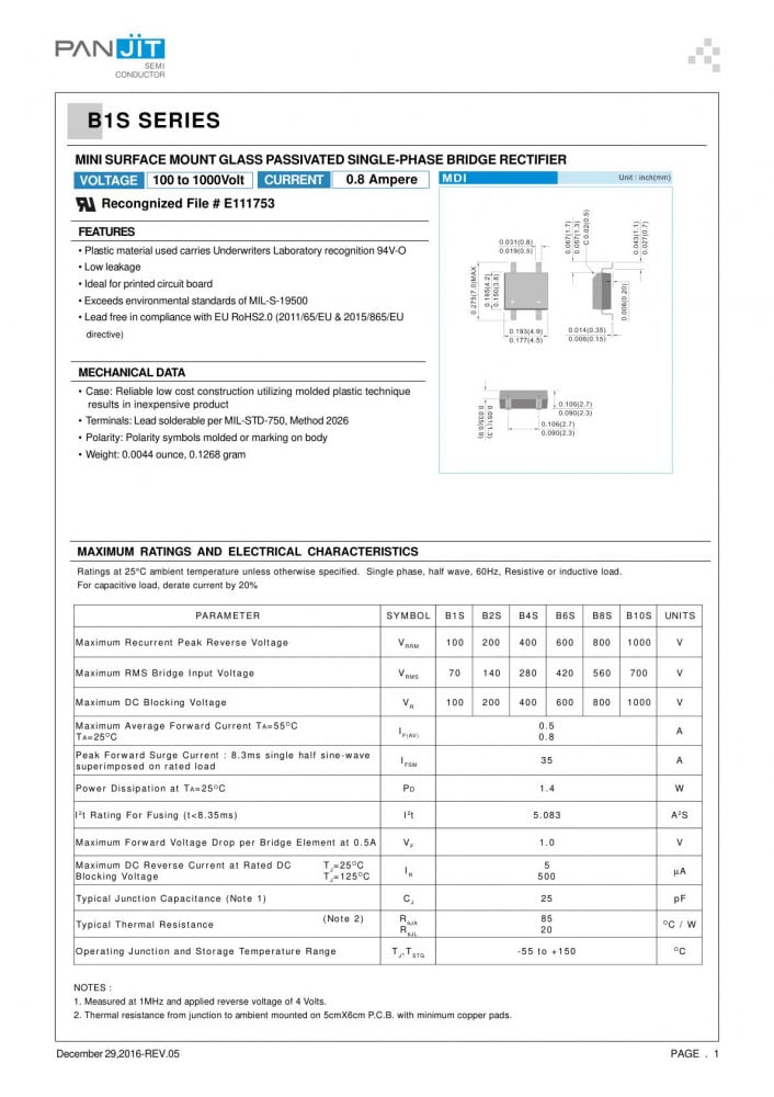 PANJIT B6S series datasheet page 1