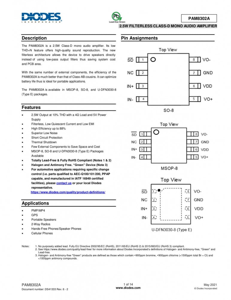PAM8302A datasheet page 1