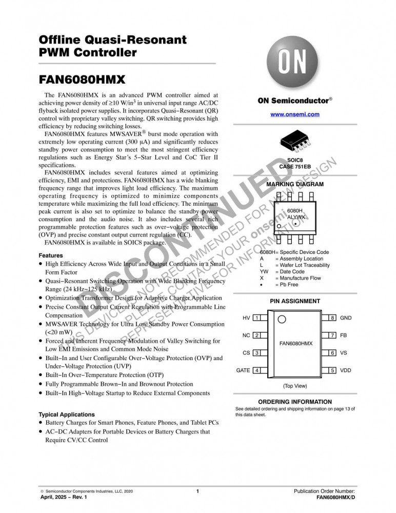 FAN6080H datasheet page 1