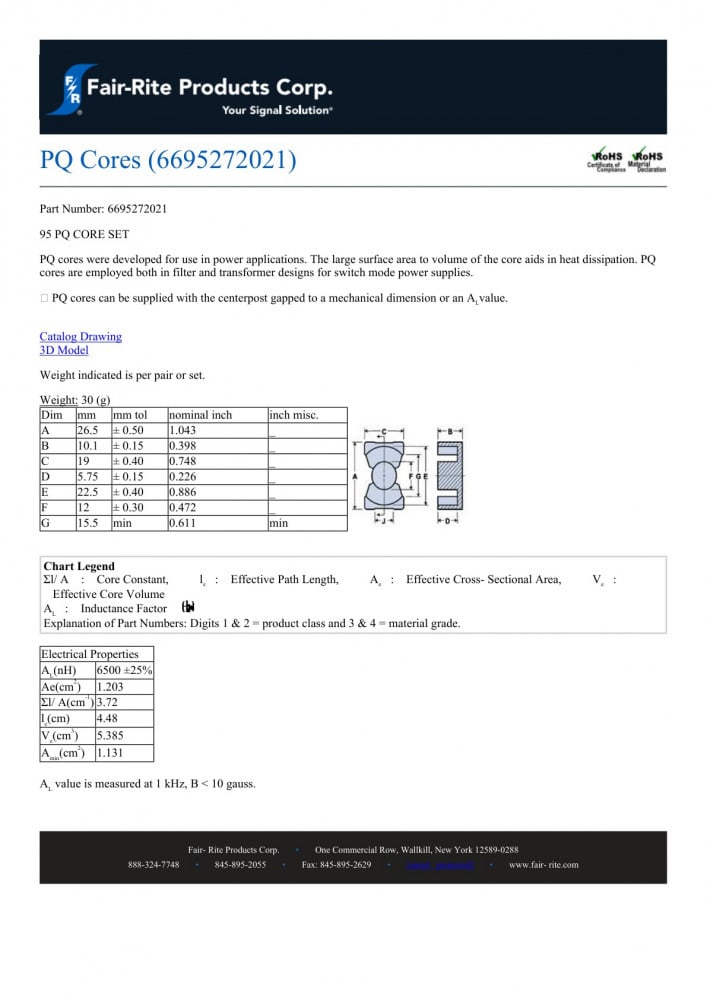 Fair-Rite 6695272021 catalog drawing and electrical properties
