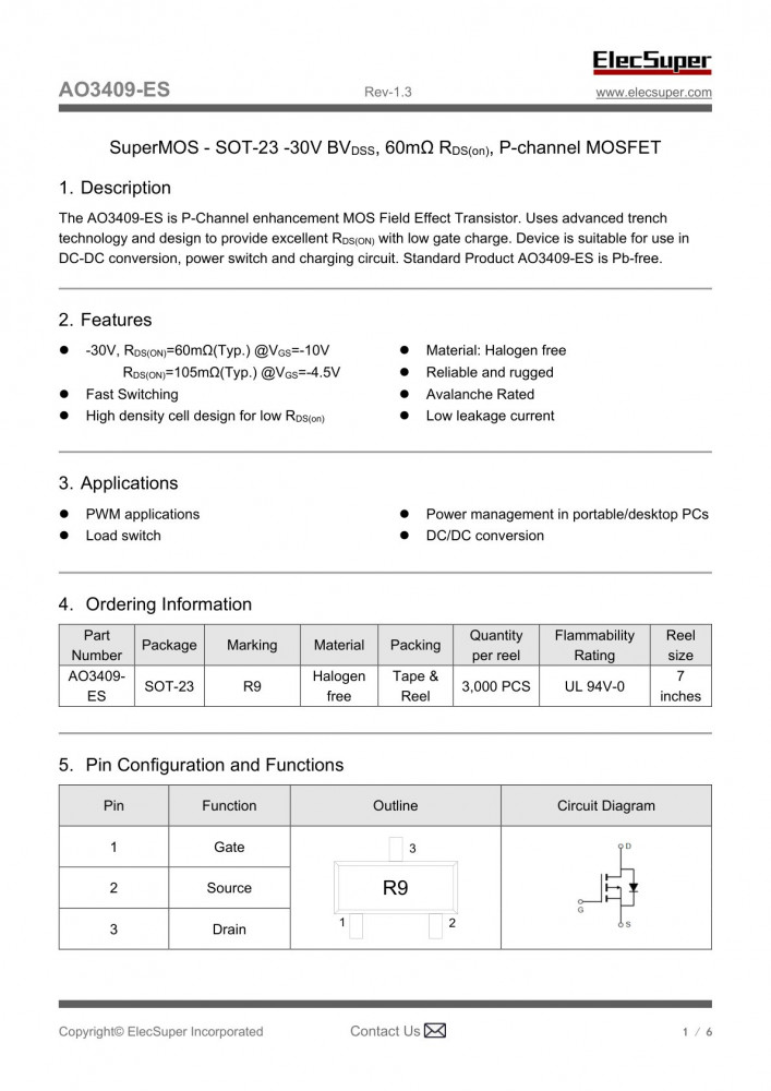 AO3409-ES datasheet page 1
