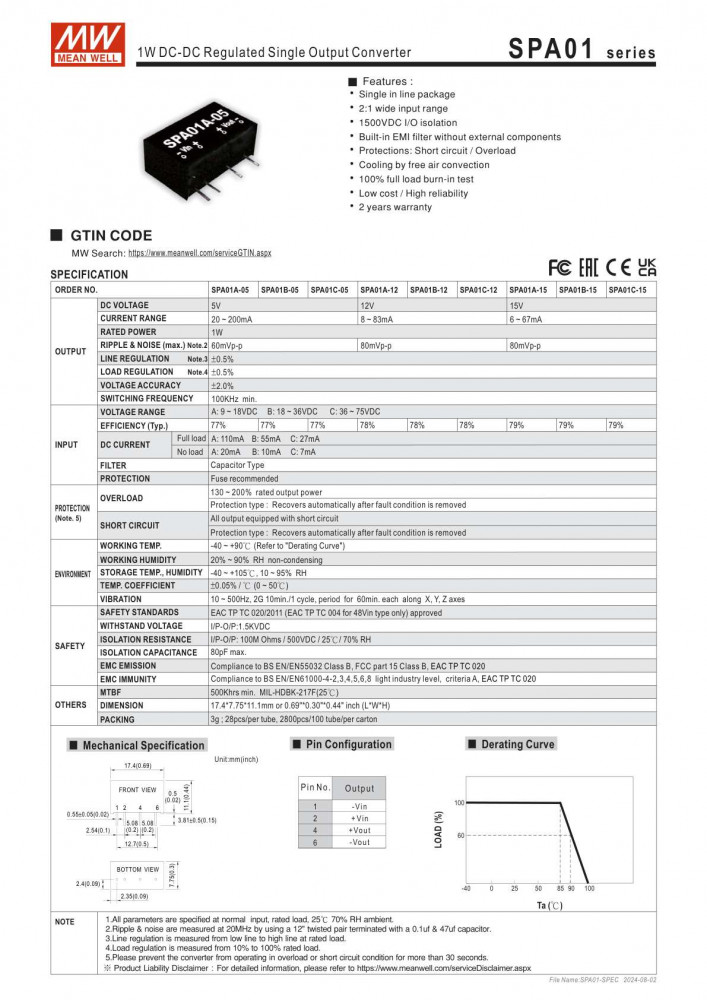 MEAN WELL SPA01 series datasheet page 1
